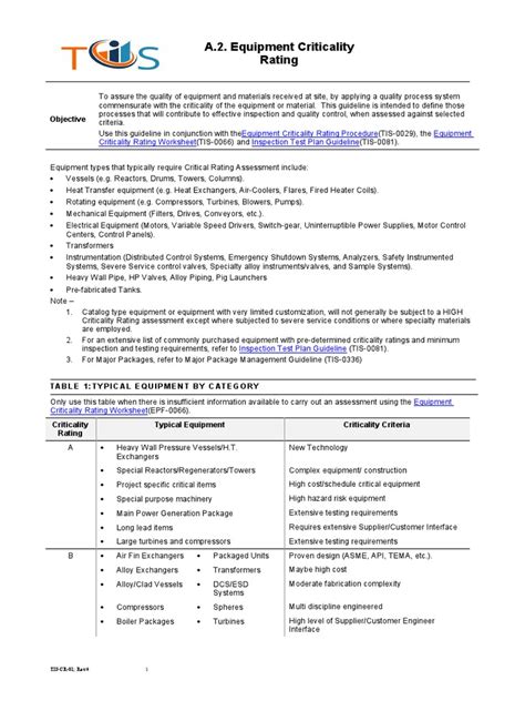 A2 Equipment Criticality Rating Pdf Pipe Fluid Conveyance Verification And Validation