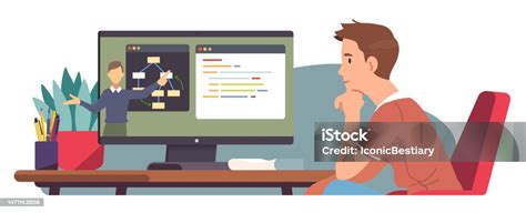 데스크톱 컴퓨터에서 프로그래밍 강의를 온라인으로 시청하는 학생 남자 집에서 화상 통화 웨비나로 코딩을 배우는 사람 원격 웹 개발 교육 개념 평면 벡터 일러스트 레이 션