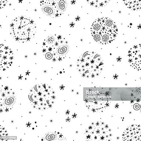 낙서 행성과 별 공간 원활한 벡터 패턴 별이 빛나는 패턴과 추상 판타지 행성 만화 공간 배경 아이들을위한 매직 흑백 배경 화면 0명에 대한 스톡 벡터 아트 및 기타 이미지