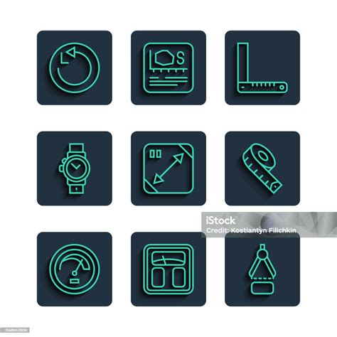 라인 속도계 욕실 저울 그리기 나침반 모서리 눈금자 대각선 측정 손목 시계 반경 및 줄자 아이콘을 설정합니다 벡터 0명에 대한 스톡 벡터 아트 및 기타 이미지 Istock