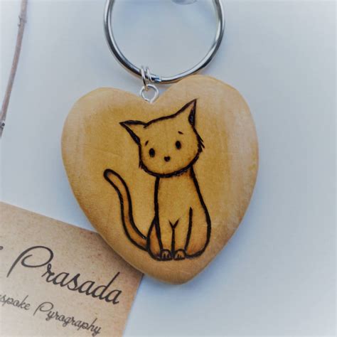Cute Sad Cat Wooden Keyring Pyrography Wood Heart Etsy Uk