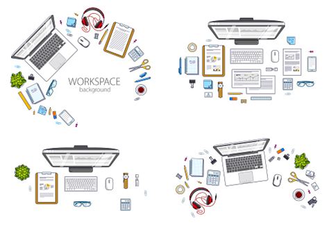 사무실 직원이 나 기업 Pc 및 노트북 작업 및 분석 논문 평면도 대 한 다양 한 편지지 개체 책상 직장을 작동 합니다 모든 요소는 별도로 사용 하기 쉽습니다 벡터