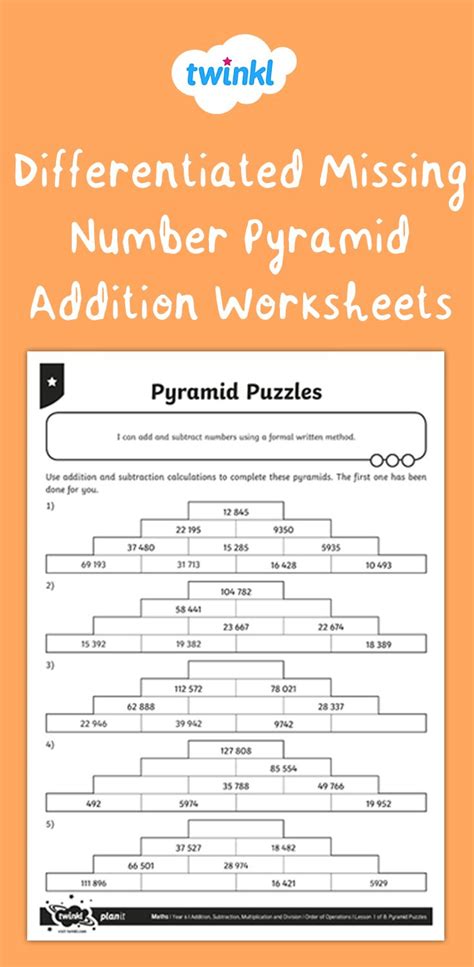 Differentiated Missing Number Pyramid Addition Worksheets