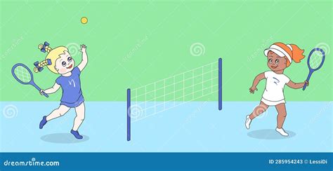 Women S Tennis Two Cute Multicultural Girls Playing On The Tennis