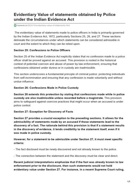 Police Statements Evidentiary Value In India Pdf Confession Law