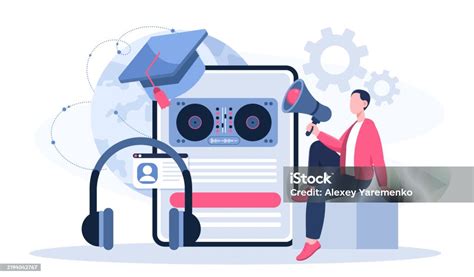 Dj 온라인 플랫폼 서비스 헤드폰과 라디오 근처에 앉아있는 확성기를 가진 남자 졸업생 모자 재미와 엔터테인먼트 인터넷의 나이트 클럽 디스크 자키 평면 벡터 일러스트 레이 션