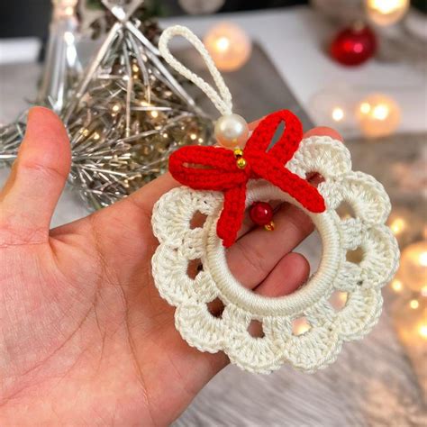 Crochet Christmas Wreath Ornament Pattern Holiday Diy Pdf For