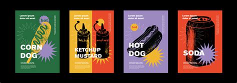 옥수수 개 케첩 겨자 핫도그 소다 가격표 또는 포스터 디자인 벡터 삽화 세트입니다 타이 포 그래피 빈티지 연필 스케치 조각 스타일 라벨 커버 티셔츠 프린트 페인팅 핫도그에