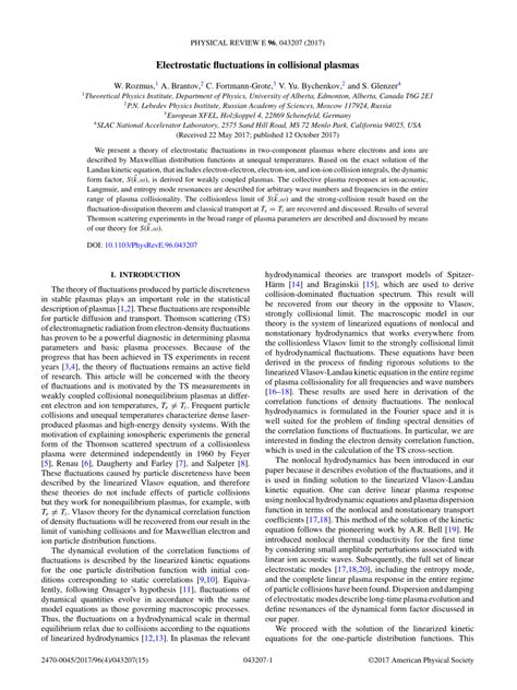 Pdf Electrostatic Fluctuations In Collisional Plasmas