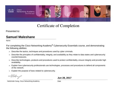 cybersecurity essentials certificate cisco networking academy