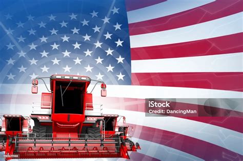 농장 기계 현대화 개념 미국 국기에 빨간 현대 농촌 결합 수확기 디지털 산업 3d 그림 장비에 대한 스톡 사진 및 기타 이미지 Istock