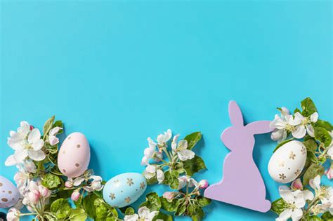 파란색 배경에 화려한 계란 나무 토끼 봄 꽃이 있는 부활절 구성 봄 개념 꽃 구성입니다 인사말 카드 위에서 본 모습 공간을 복사합니다 0명에 대한 스톡 사진 및 기타 이미지