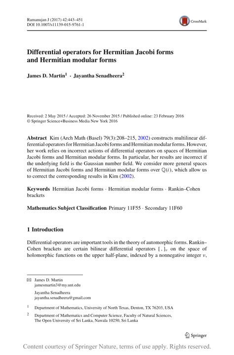 Differential Operators For Hermitian Jacobi Forms And Hermitian Modular Forms Request Pdf