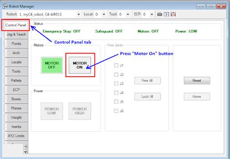turn epson robot motors on using robot manager robotics university