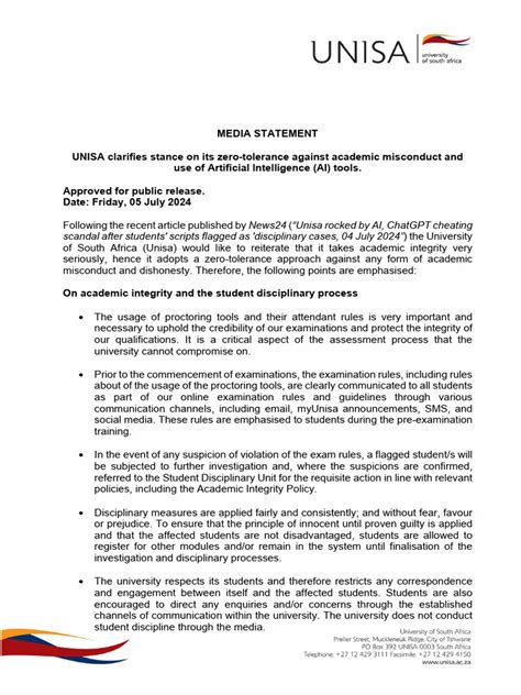 Media Statement Unisa Clarifies Stance On Its Zero Tolerance On