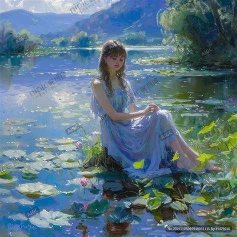 Ai创作图cg绘画作品 Tif唯美油画 水中女神睡莲 写实唯美插画 Cg绘画 仲夏风荷塘侍女 高清cg油画 伊人在水一方 Cg插画 美女池泉华裙 唯美印象画 优美意境画 采莲的姑娘 美女人物