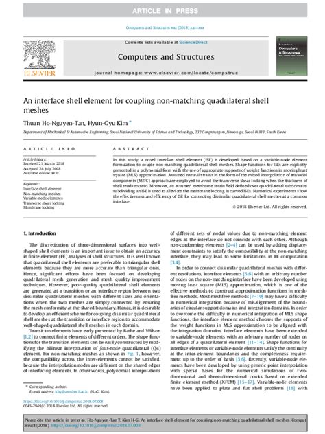 Pdf An Interface Shell Element For Coupling Non Matching Quadrilateral Shell Meshes Thuan Ho
