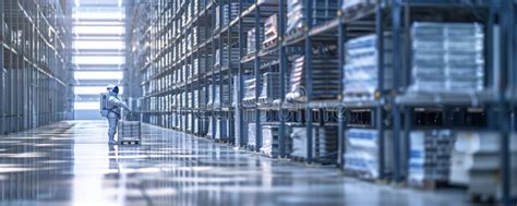 Modern Automated Warehouse With Worker In Protective Gear Operating Pallet Jack In Hightech