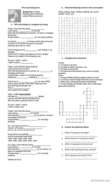 The Lazy Song (Bruno Mars): English ESL worksheets pdf & doc