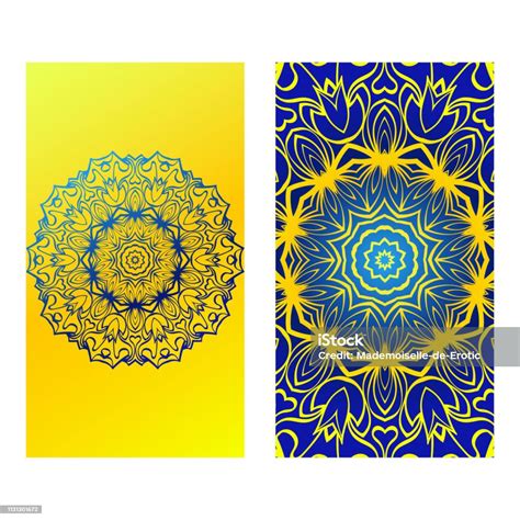 텍스트에 대 한 공간을 가진 초대장 템플릿 인사말 카드의 집합입니다 만다라 디자인 벡터 일러스트입니다 옐로우 블루 색상 0명에 대한 스톡 벡터 아트 및 기타 이미지 Istock