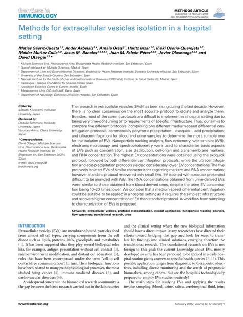 Pdf Methods For Extracellular Vesicles Isolation In A Hospital Setting
