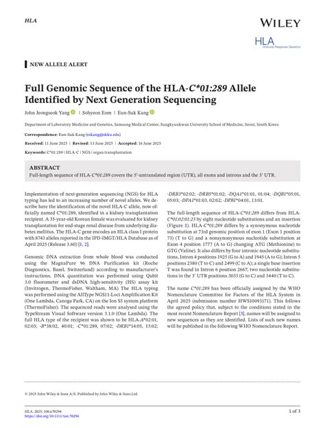 Full Genomic Sequence Of The Hla‐c01289 Allele Identified By Next Generation Sequencing