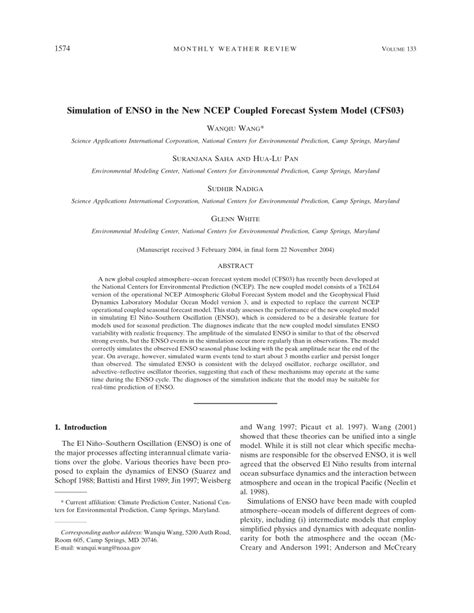Pdf Simulation Of Enso In The New Ncep Coupled Forecast System Model