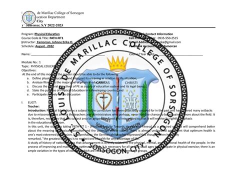 All Subject Module Pathfit 1 And Pe 3 Higher Education Department Sorsogon City 1 St Semester