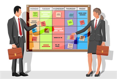 Scrum Agile Board Business People Bulletin Board Hanging On Wall Full Of Tasks On Sticky Note