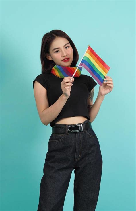 Lgbtq Girl And Pride Flag Sexy Lesbian Girl And Lgbtq Flag Standing