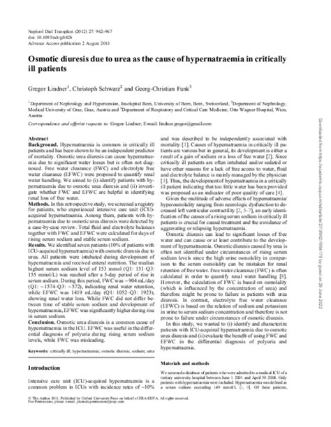 Pdf Osmotic Diuresis Due To Urea As The Cause Of Hypernatraemia In Critically Ill Patients