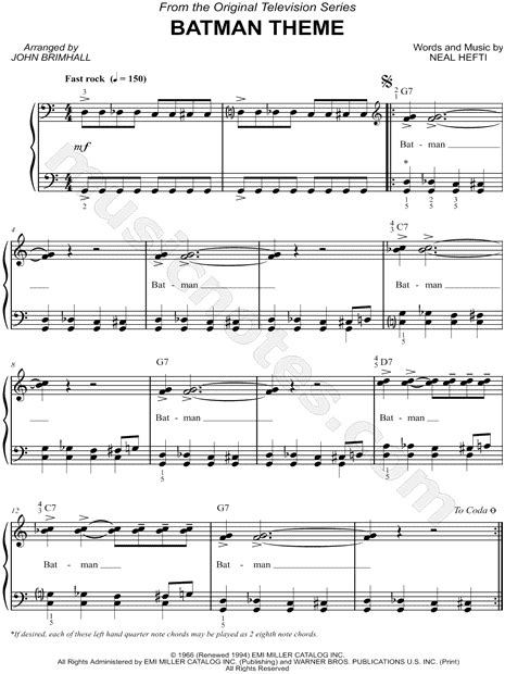 Batman Theme From Batman [1960s Tv Series] Sheet Music Easy Piano