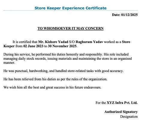 3 Best Store Keeper Experience Certificates Word And Pdf Formats