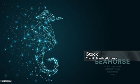 해마와 다각형 와이어 프레임 메쉬 미래 어두운 배경에 기호 별에 대한 스톡 벡터 아트 및 기타 이미지 별 해양 생물