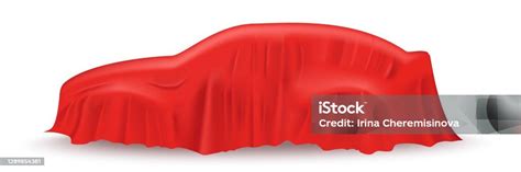 빨간 천 커튼 은 자동차를 덮고 깜짝 선물에 매달려 있는 실크 패브릭은 벡터 일러스트레이션을 공개합니다 흰색 배경에 베일 장식 아래 숨겨진 자동차 신비한 프리젠 테이션