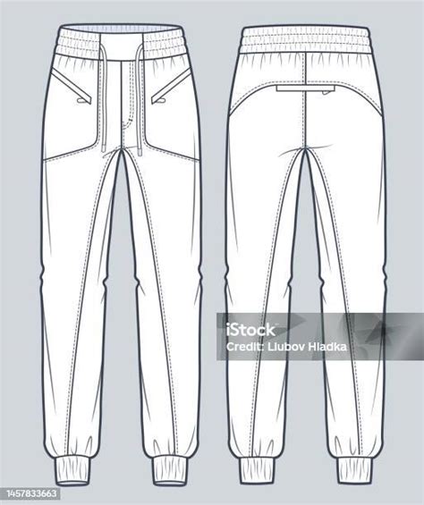 조깅하는 사람 바지 기술 패션 그림입니다 데님 바지 패션 플랫 기술 도면 템플릿 포켓 탄성 허리띠 앞면과 뒷면보기 화이트 색상 여성 남성 남녀 공용 Cad 모형 0명에 대한