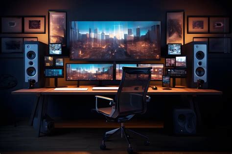 Premium AI Image A Modern Workspace With A Dual Monitor Setup And Task Light