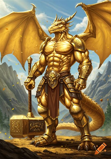 A Muscular Golden Dragon Humanoid Warrior In Ornate Armor Holds A Large