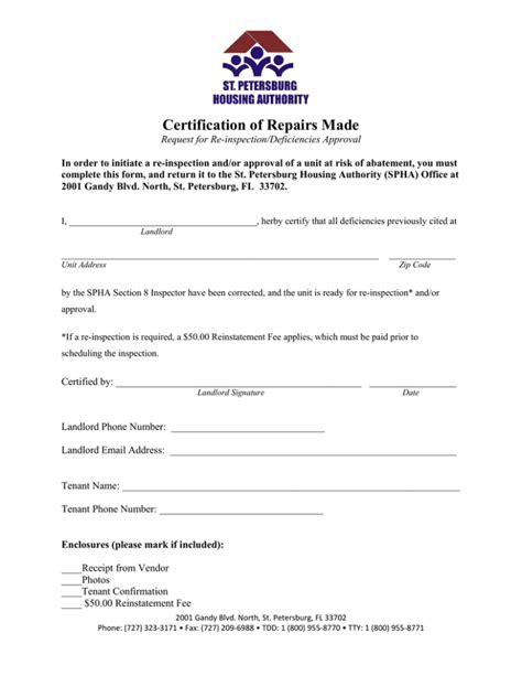 Certification Of Repairs Made Form