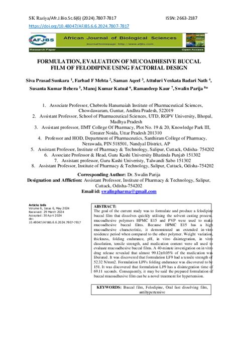 Pdf Formulation Evaluation Of Mucoadhesive Buccal Film Of Felodipine Using Factorial Design