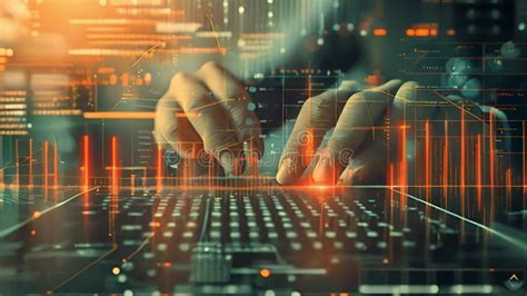 Close Up Of Hands Typing On Laptop With Digital Data Overlay Stock