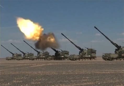 Chinese Plz05 155mm Self Propelled Howitzer In Action Chinese
