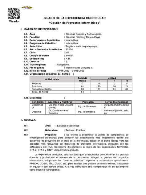 Gestion De Proyectos Informaticos Silabo 2023 1 Pdf Ciencias De La