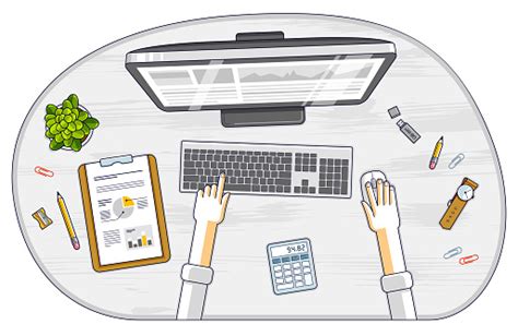 사무실 직원이 나 기업 손 및 Pc 컴퓨터와 작업 평면도 대 한 다양 한 편지지 개체 책상 직장을 작동 합니다 모든 요소는 별도로 사용 하기 쉽습니다 벡터 일러스트입니다 3