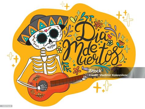 멕시코 휴일 죽은 자의 날의 벡터 손으로 그린 그림 전통적인 설탕 두개골 금잔화 꽃과 촛불 그리고 문자 디아 드 무에르토와 엽서