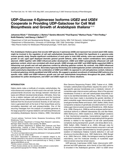 Pdf Udp Glucose 4 Epimerase Isoforms Uge2 And Uge4 Cooperate In