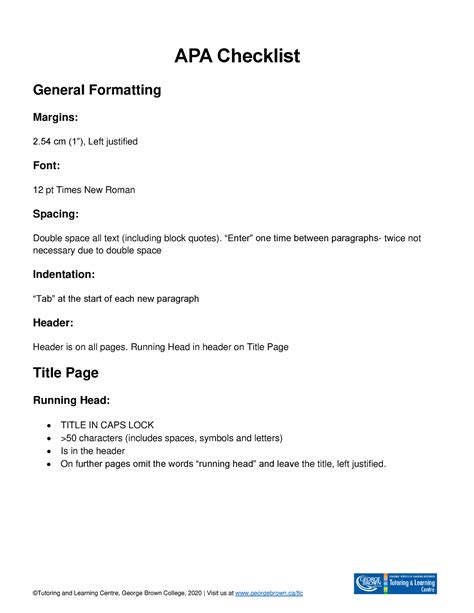 Apa Checklist Apa Citing Apa Checklist General Formatting Margins 2 Cm 1” Left Justified