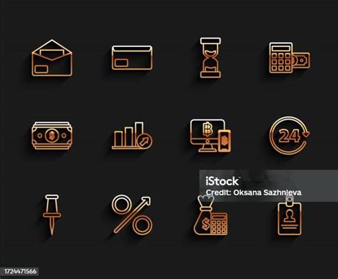 라인 푸시 핀 식별 배지 프리젠 테이션 재무 그래프 일정 차트 다이어그램 인포 그래픽 파이 그래프 시계 24 시간 및 컴퓨터