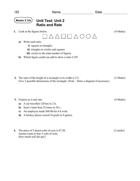 Ratio And Rate Unit Test Middle School Math