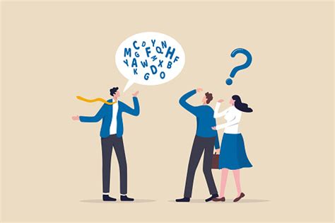 전문 용어 기술 단어로 의사 소통하거나 이해하기 어려운 언어 복잡한 대화 설명하기 어려움 말풍선 대화에서 전문 용어로 사업가 이야기는 다른 혼란을 야기합니다 억셈에 대한